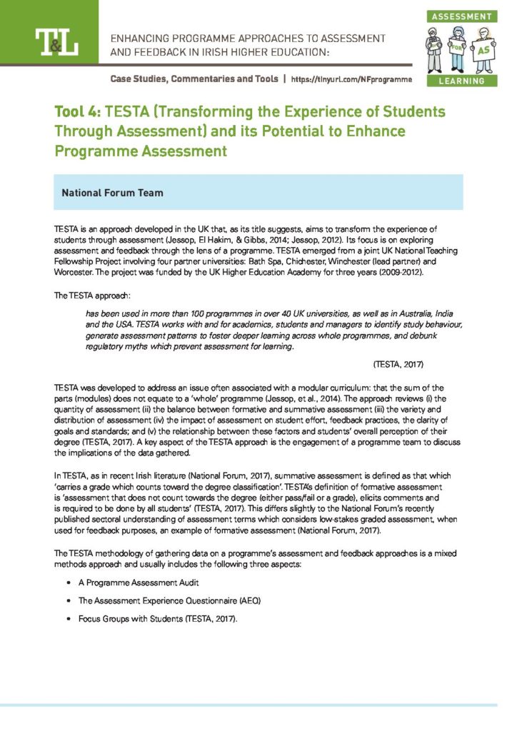 TESTA (Transforming the Experience of Students Through Assessment) and ...